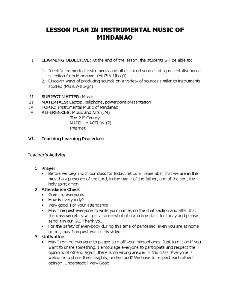 Lesson Plan in Instrumental Music | PDF | Lesson Plan