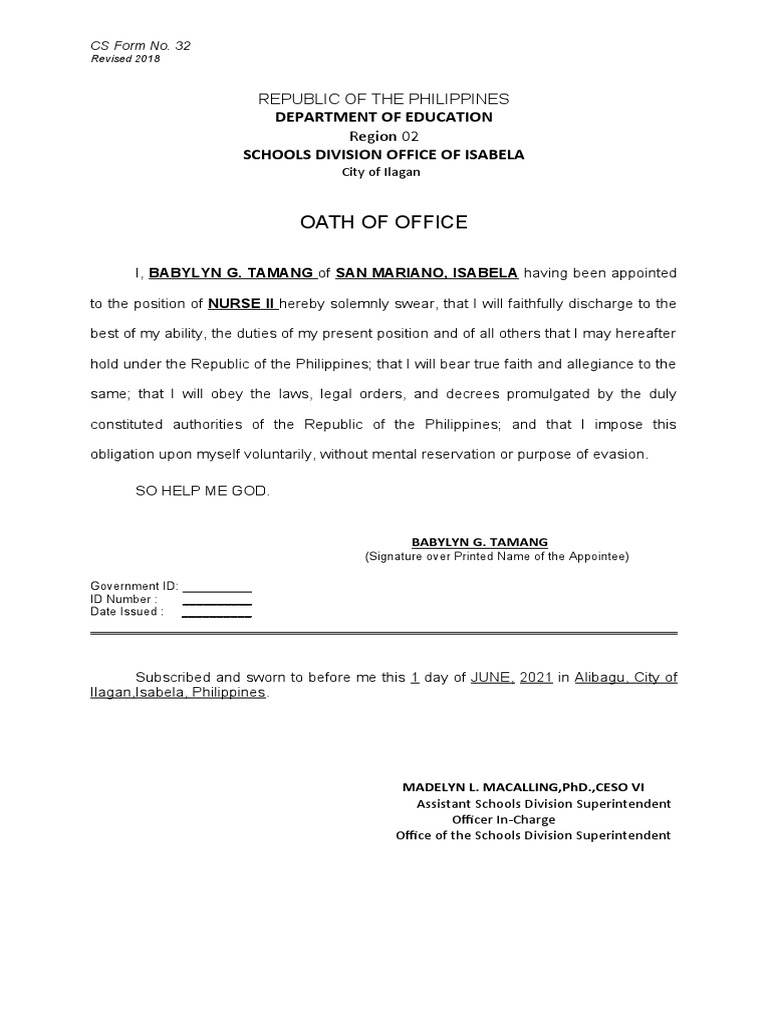 Oaths of Office for Newly Appointed Nurses in the Isabela Schools ...