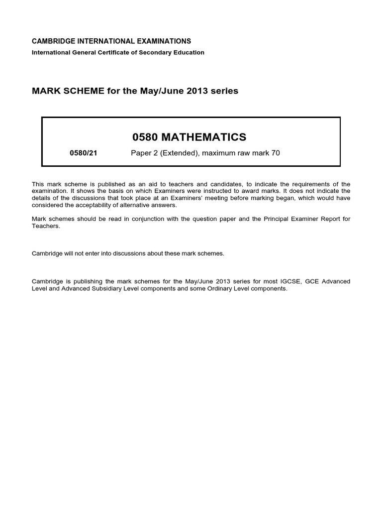 0580 Mathematics: MARK SCHEME For The May/June 2013 Series | PDF ...