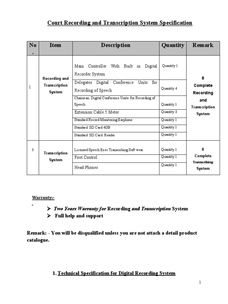 Court Recording & Transcription Specs | PDF | Microphone | Headphones