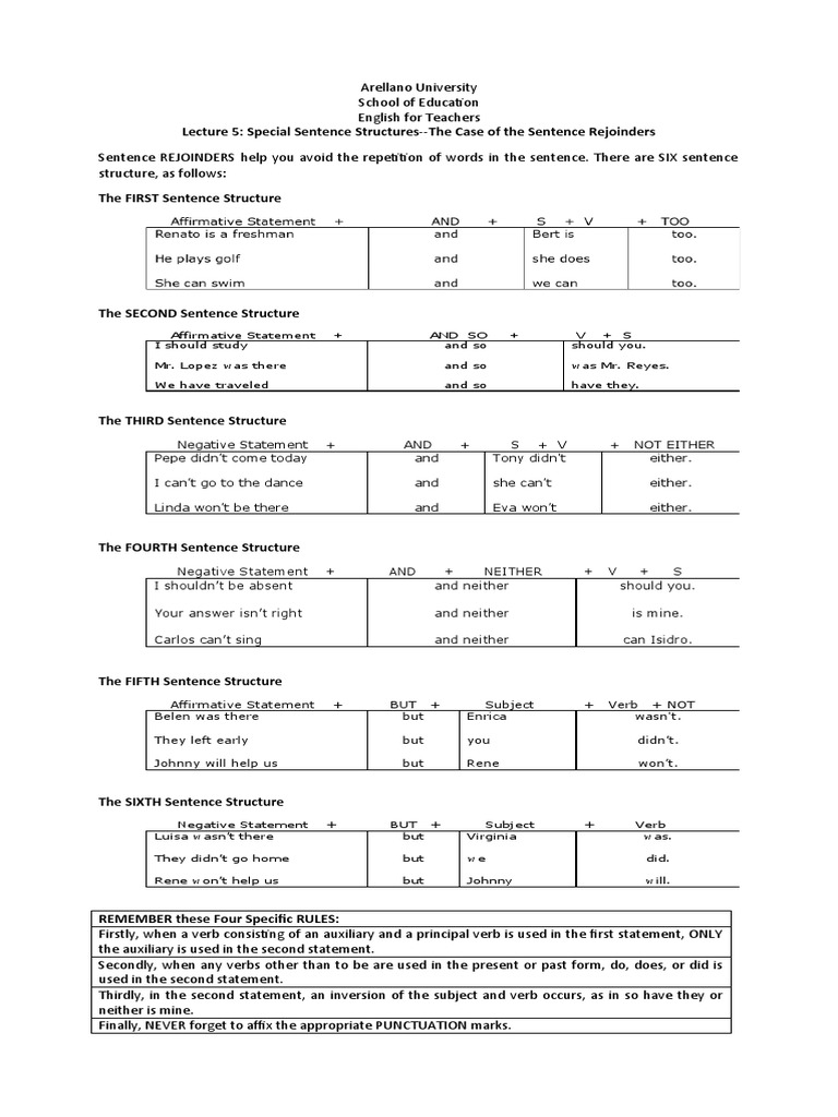 A01 Lecture 5 Special Sentence Structures The Case of The Sentence Rejoinders | PDF | Language ...