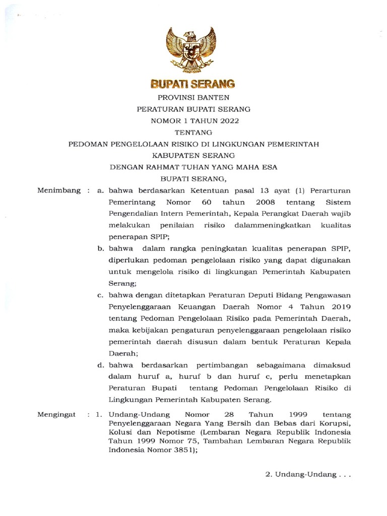 Perbub Nomor 1 Tahun 2022 Tentang Pengelolaan Risiko | PDF