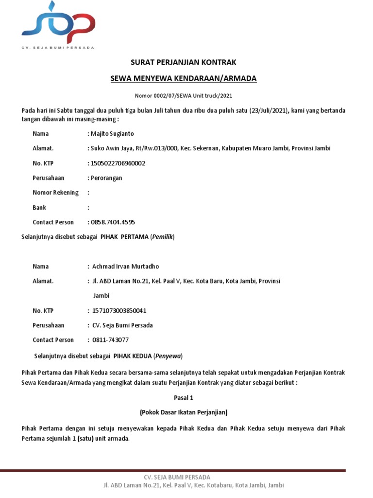 SPK Sewa Mobil Majito Sugianto | PDF