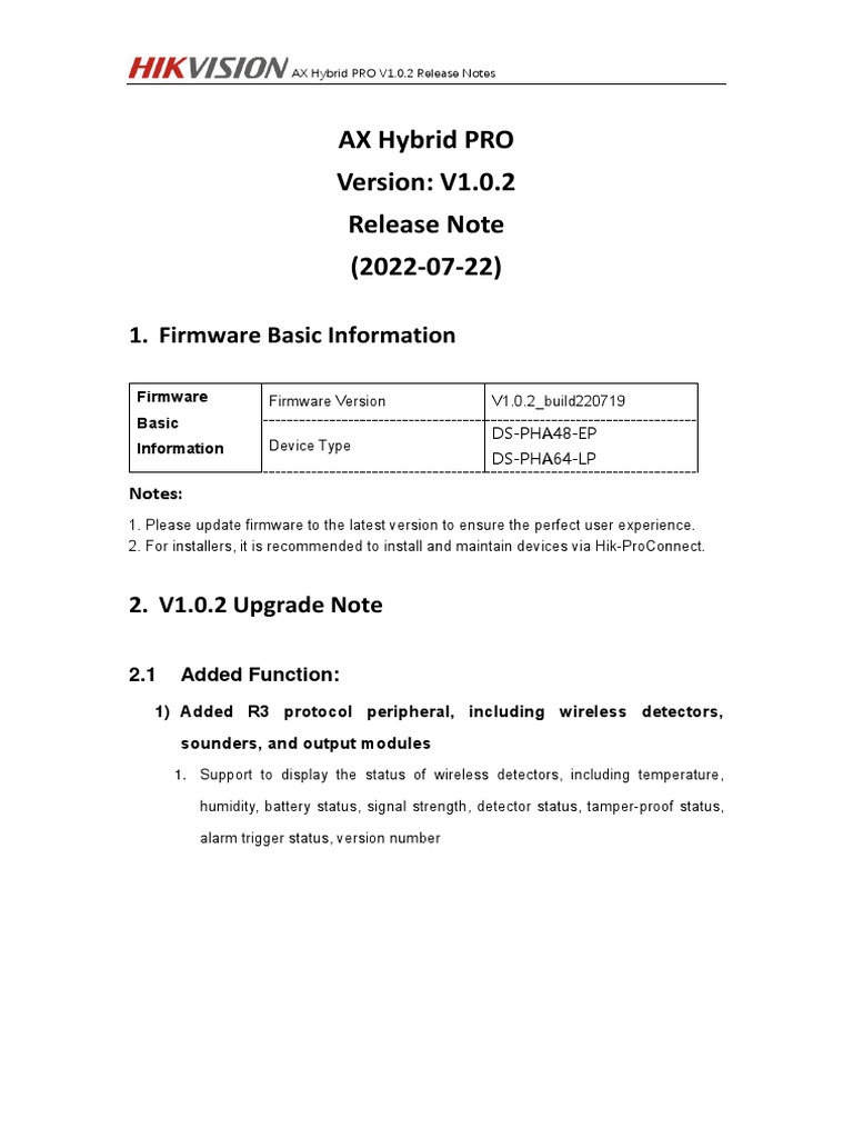 AX Hybrid PRO V1.0.2 Release Note | PDF | Detector (Radio) | Wireless