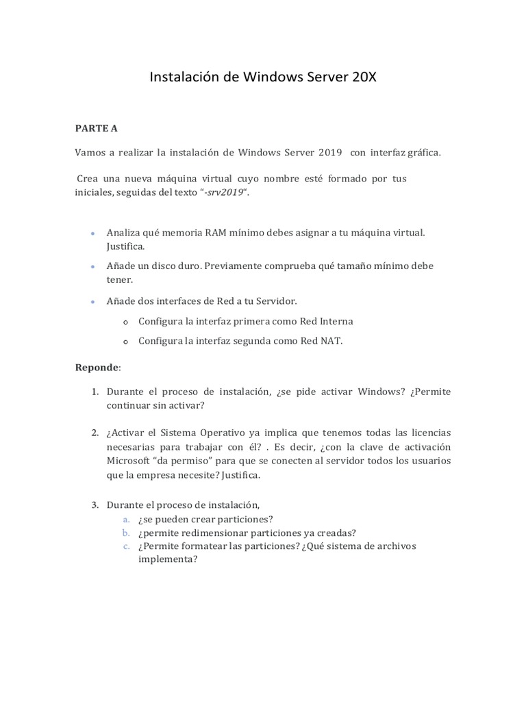 Tarea Instalacion de Windows Server 20X | PDF | Servidor (Computación ...