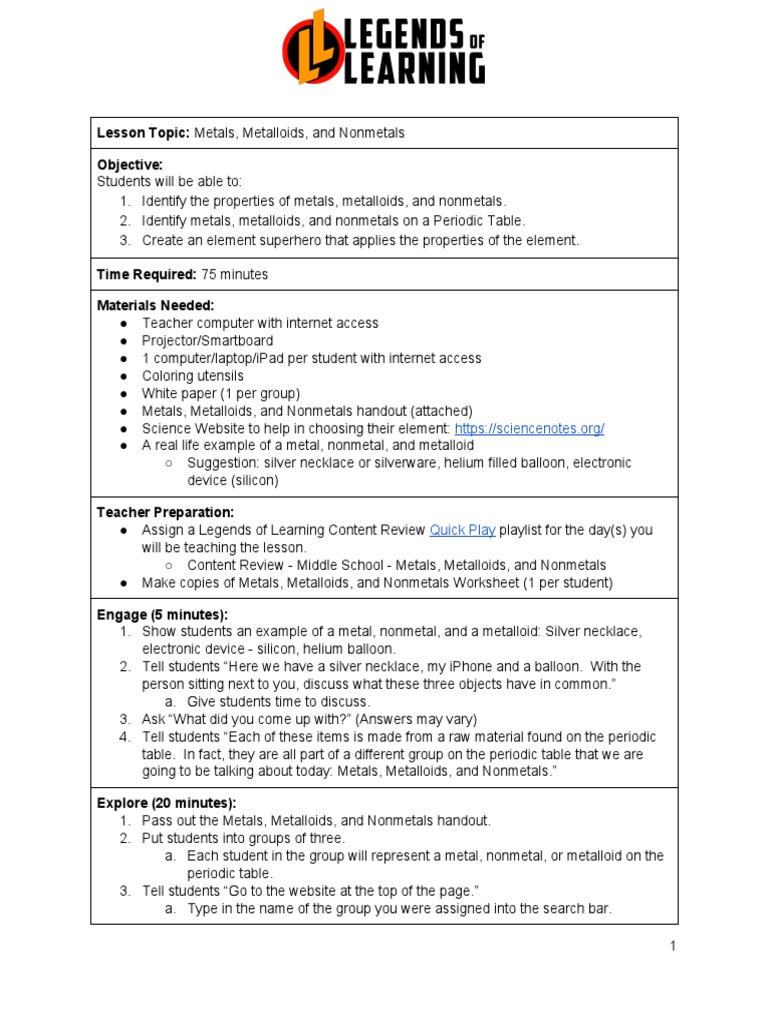 Metals, Metalloids, and Nonmetals Lesson | PDF | Metals | Periodic Table