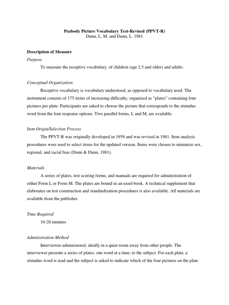 PPVT-R: Receptive Vocabulary Assessment | PDF | Median | Validity ...