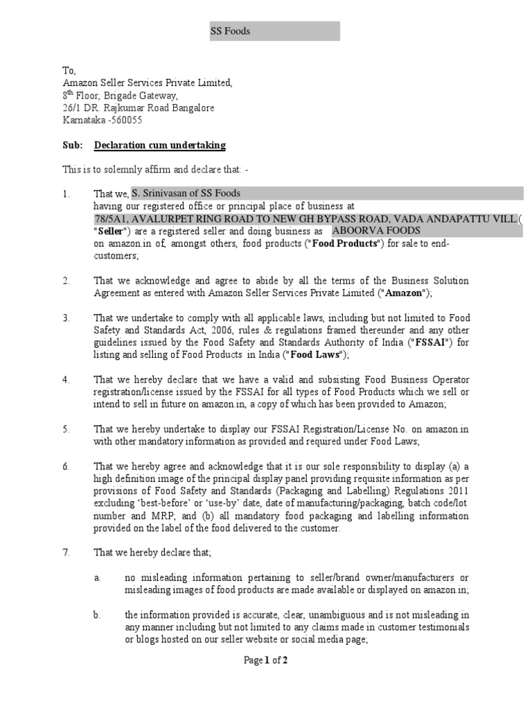 FSSAI Seller Declaration Document. CB1198675309 | PDF | Food Safety ...