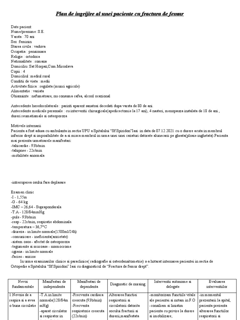 Plan de Ingrijire Al Unui Pacient Cu Fractura de Femur | PDF