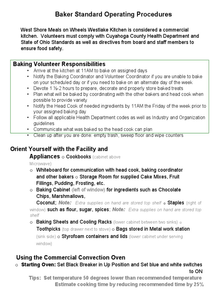 Baker Standard Operating Procedures | PDF | Baking | Kitchen