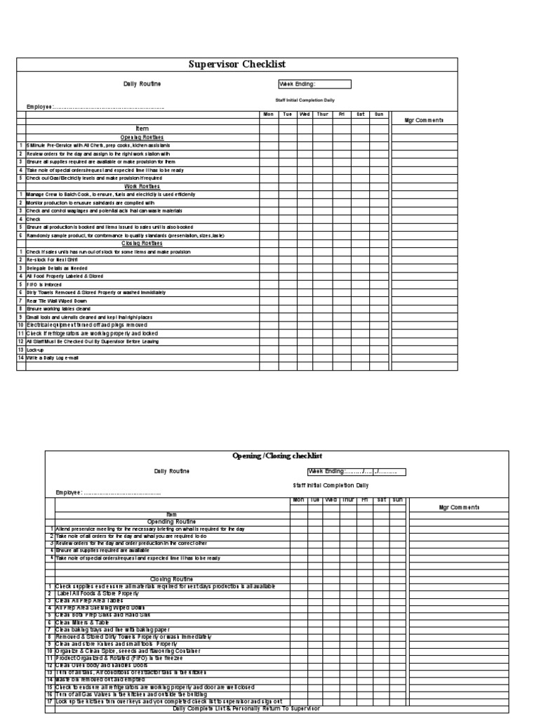 Opening And Closing Kitchen Checklist Kitchen Operations Checklist