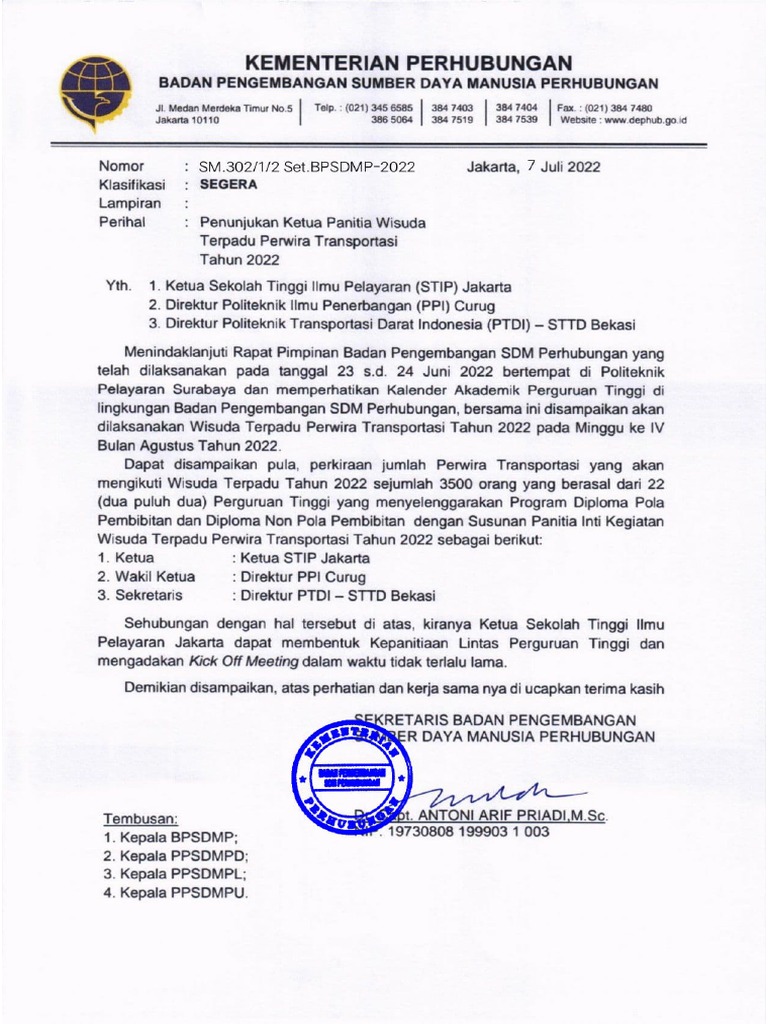 Sm.302-Penunjukan Ketua Panitia Wisuda Terpadu Perwira Transportasi | PDF