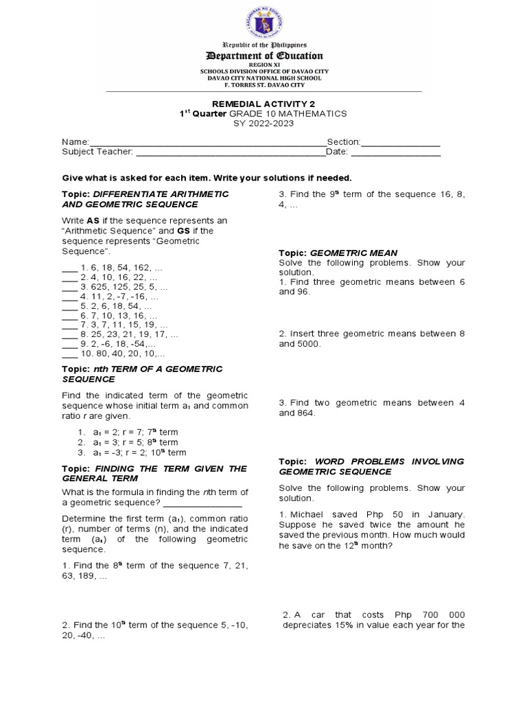 Understanding Arithmetic and Geometric Sequences through Word Problems ...