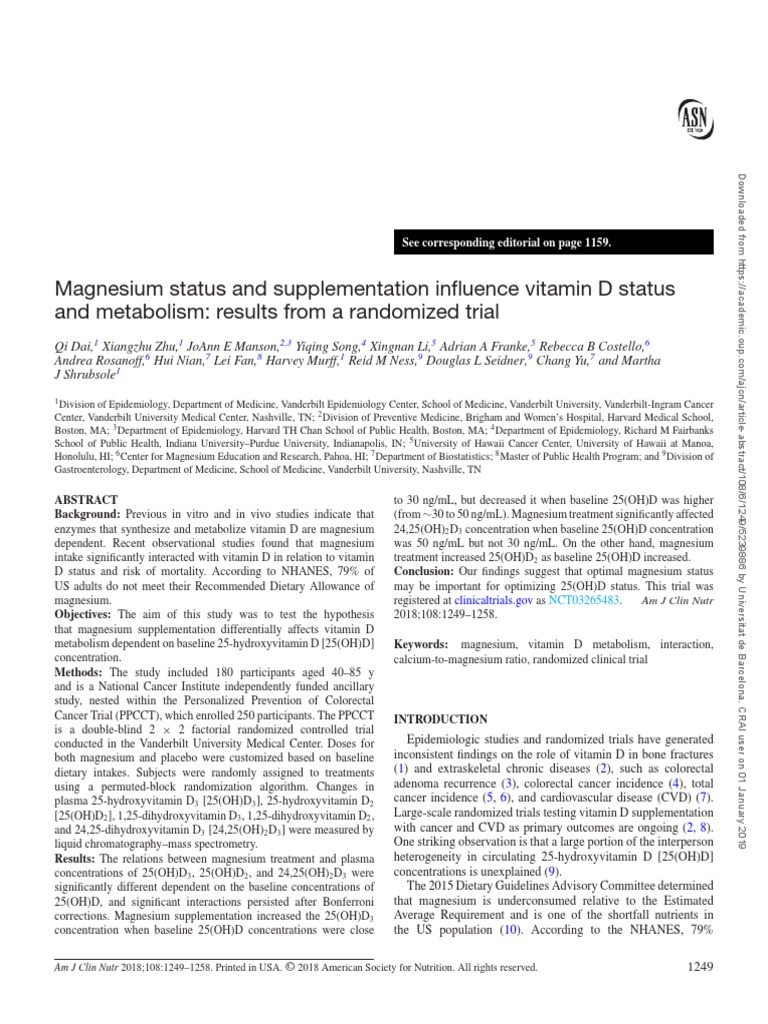 Magnesium Status and Supplementation Influence Vitamin D Status | PDF ...