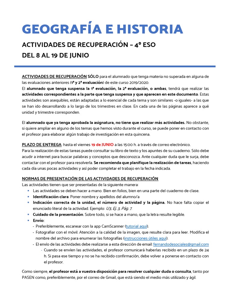 4 ESO Geograf A e Historia Recuperaci N Quincena 8 A 19 de Junio | PDF