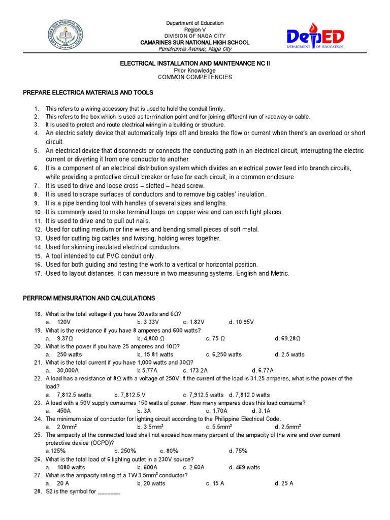Electrical Installation and Maintenance NC II: Prior Knowledge Competencies for Camarines Sur ...