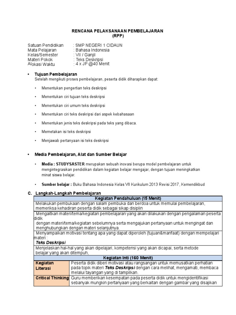 RPP 1 Lembar B.Indo Kelas 7 SM 1 | PDF | Karier & Perkembangan
