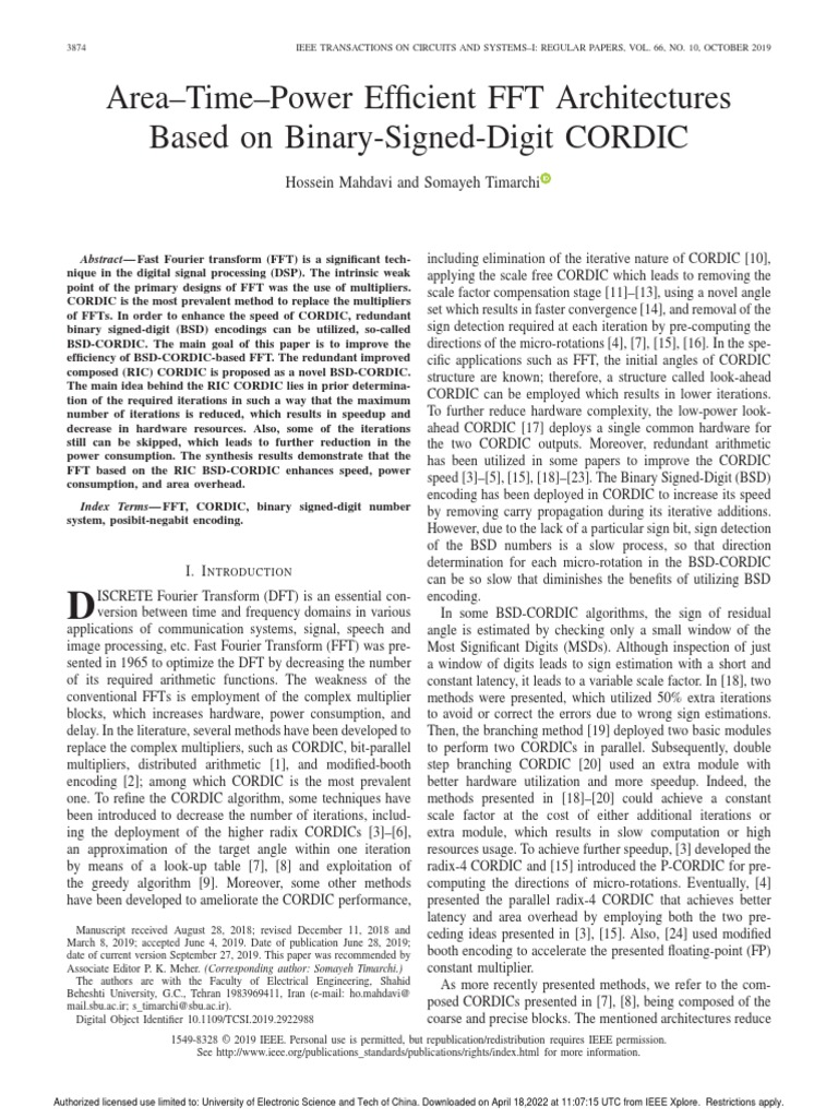 2019 TCASI AreaTimePower Efficient FFT Architectures Based On Binary-Signed-Digit CORDIC | PDF ...