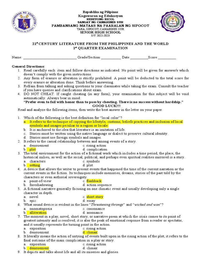 Test Questions in 21st Century Literature From The Philippines and The ...
