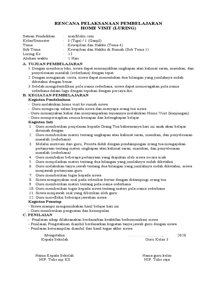 RPP Luring Kelas 3 Tema 4 | PDF