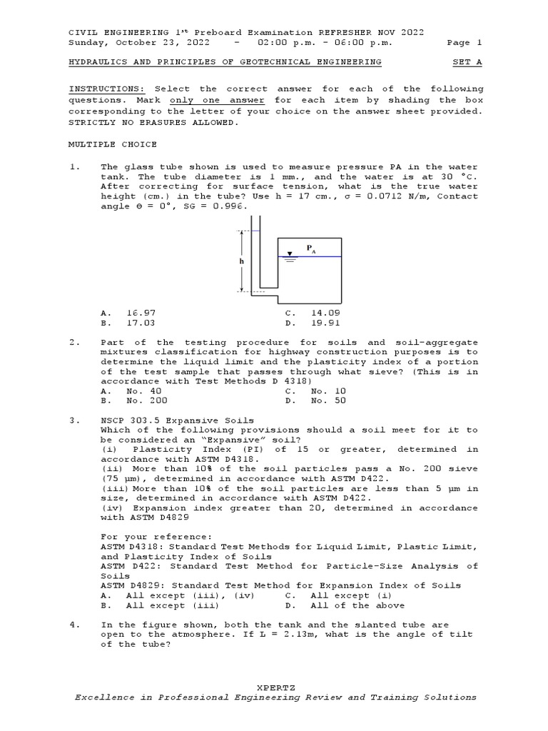 (XPERTZ) Preboard Exam 1ST HGE Nov 2022 | PDF | Geotechnical Engineering | Density
