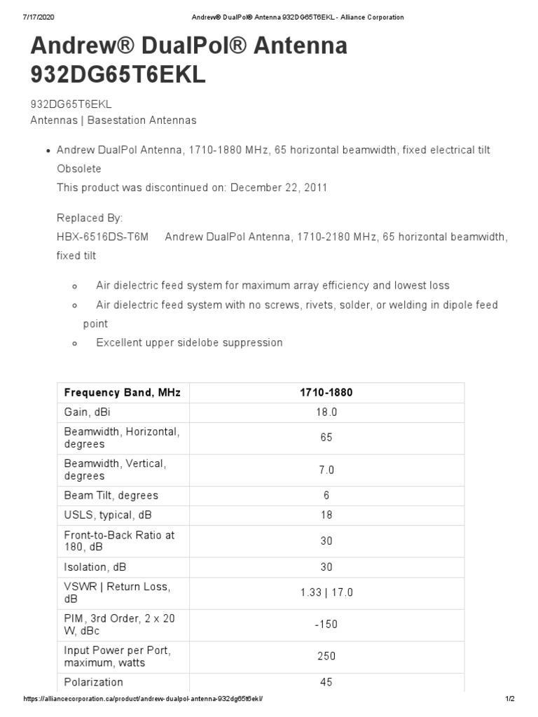 Andrew® DualPol® Antenna 932DG65T6EKL - Alliance Corporation | PDF ...