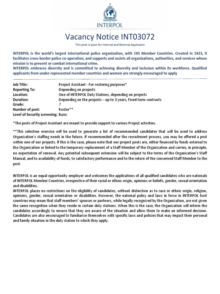 INTERPOL Project Assistant Vacancy Notice | PDF | Business
