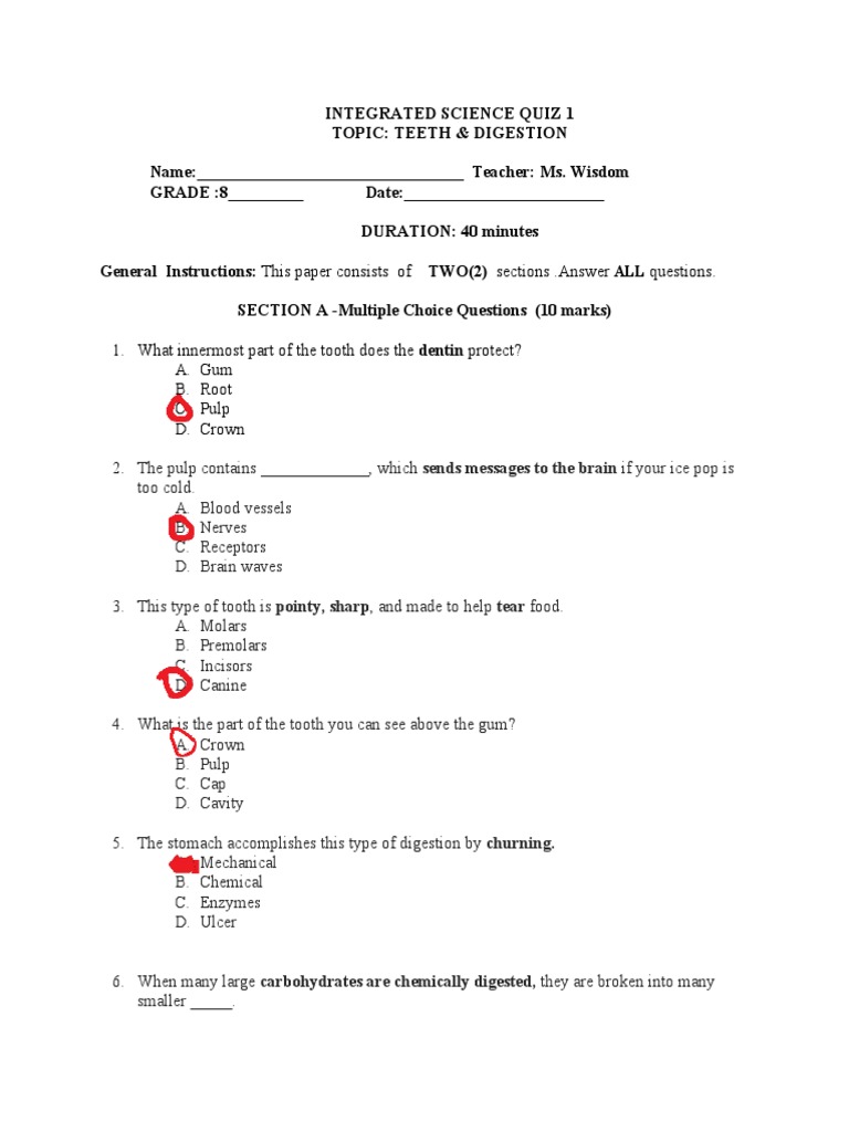 Integrated Science Quiz | PDF | Digestion | Tooth
