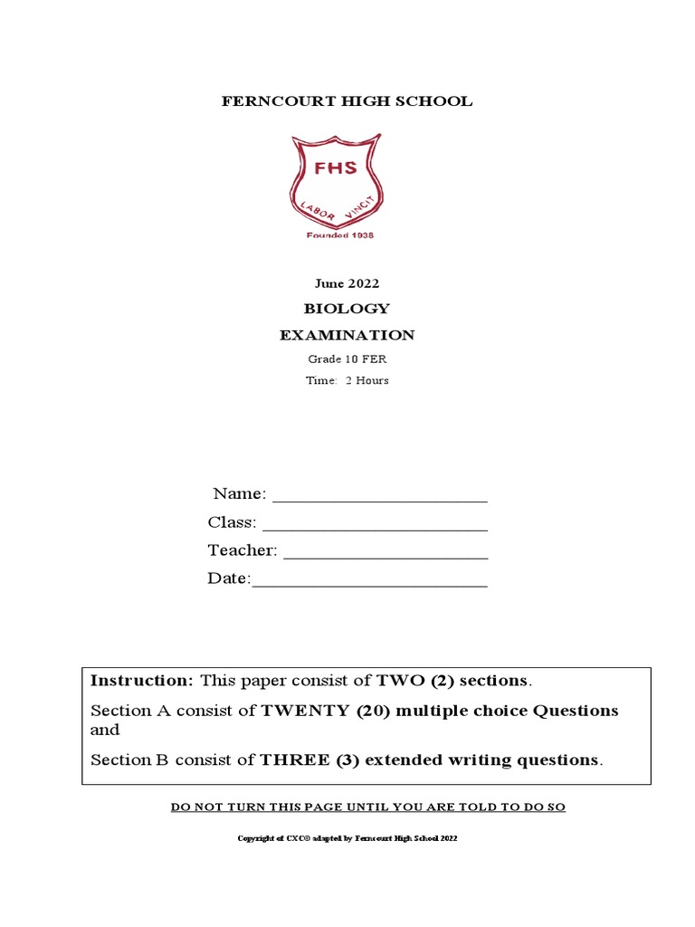 Biology Grade 10 Exam 2022 Final Pdf Plants Foods