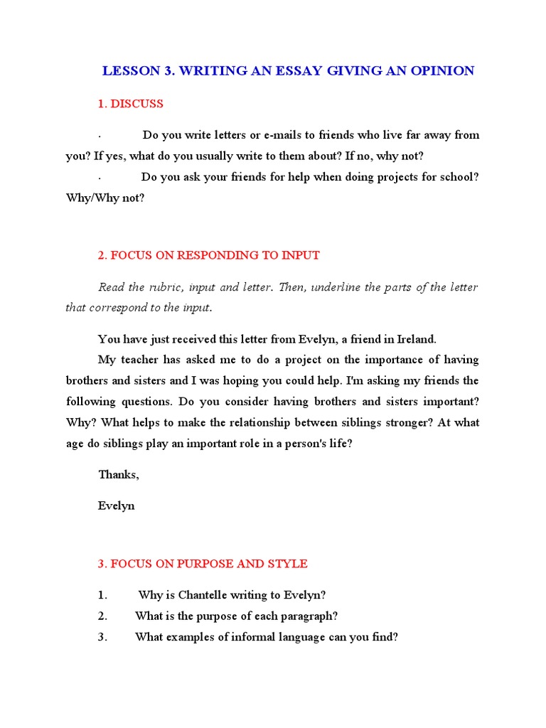 Lesson 3. Writing An Essay Giving An Opinion | PDF | Sibling | Human ...
