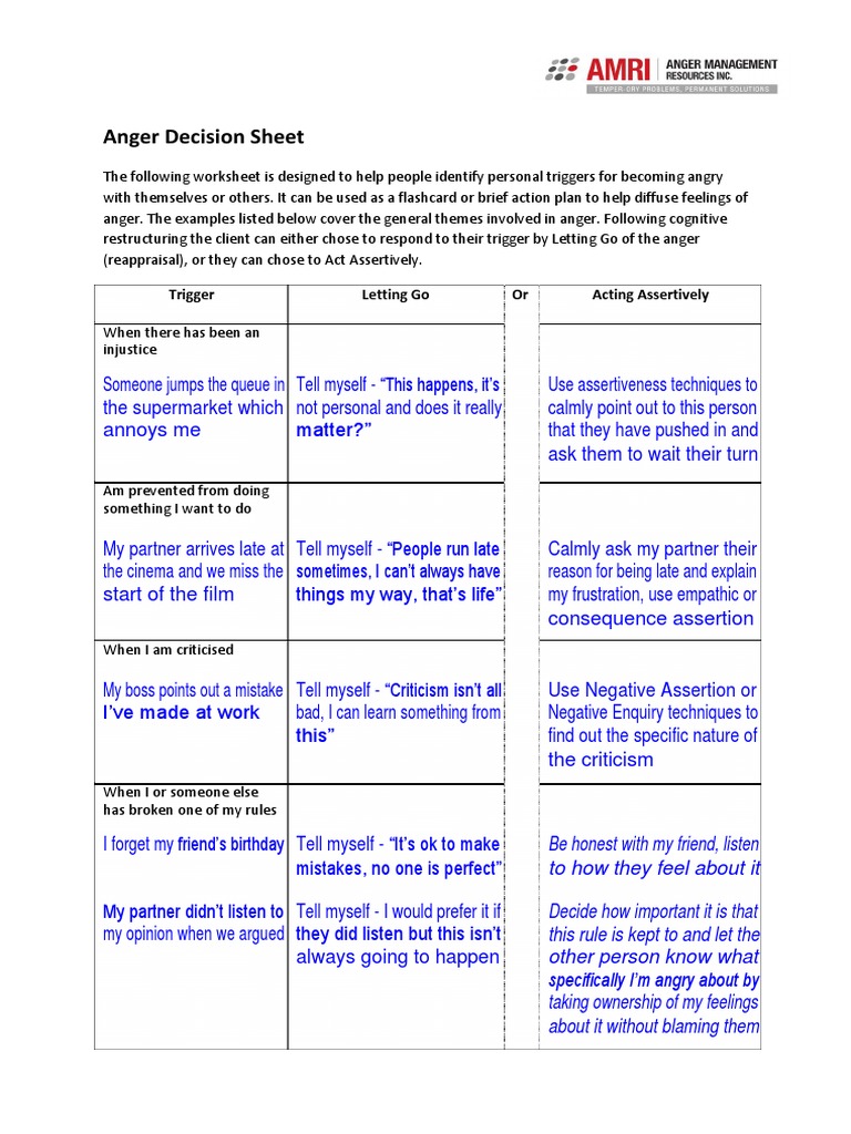 Anger Decision Sheet | Download Free PDF | Anger | Psychology