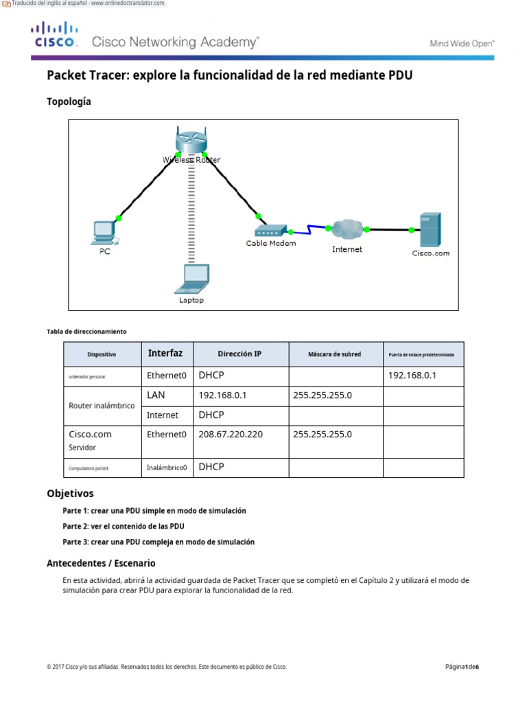 3 1 1 3 Packet Tracer Explore Network Functionality Using Pdus En Es Pdf Dirección Ip