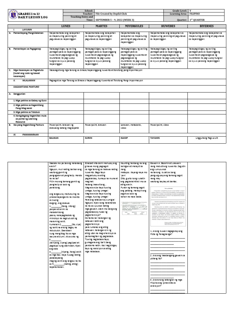DLL - Filipino 5 - Q1 - W3 | PDF DLL - Filipino 5 - Q1 - W3 | PDF