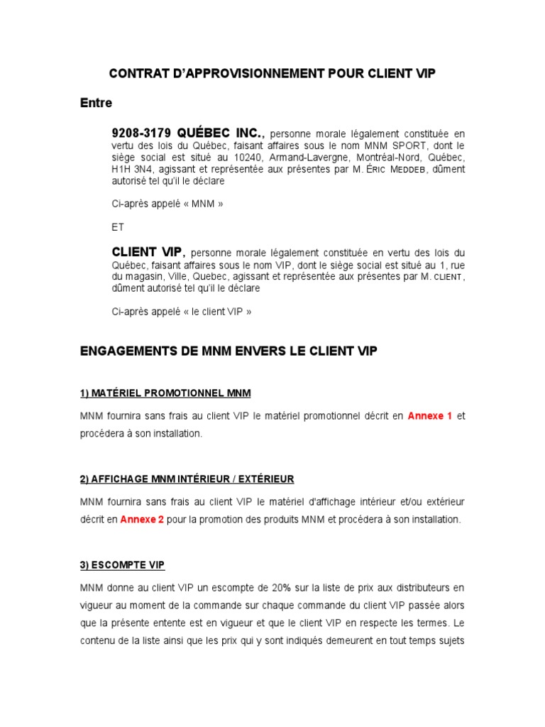 Contrat d'approvisionnement VIP MNM | PDF | Finance et gestion ...