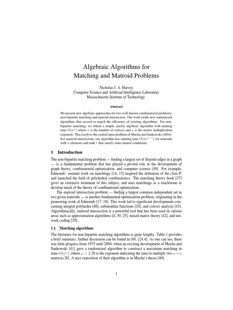 Algebraic Algorithms For Matching and Matroid Problems | PDF | Matrix ... Algebraic Algorithms For Matching and Matroid Problems | PDF | Matrix ...