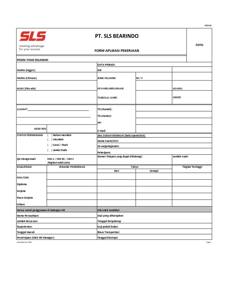 SLS Bearindo - Form Aplikasi Pekerjaan, Data Keluarga | PDF