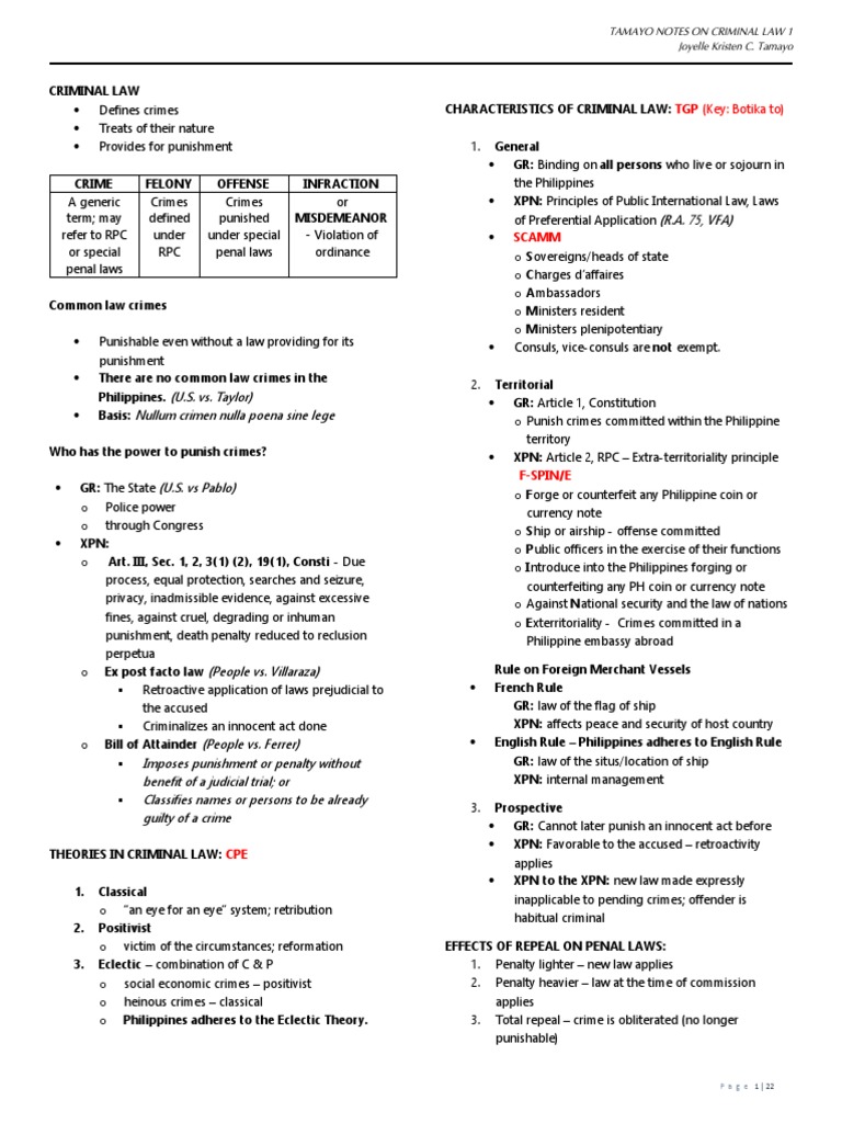 Tamayo Notes On Criminal Law 1 | PDF | Mens Rea | Conspiracy (Criminal)