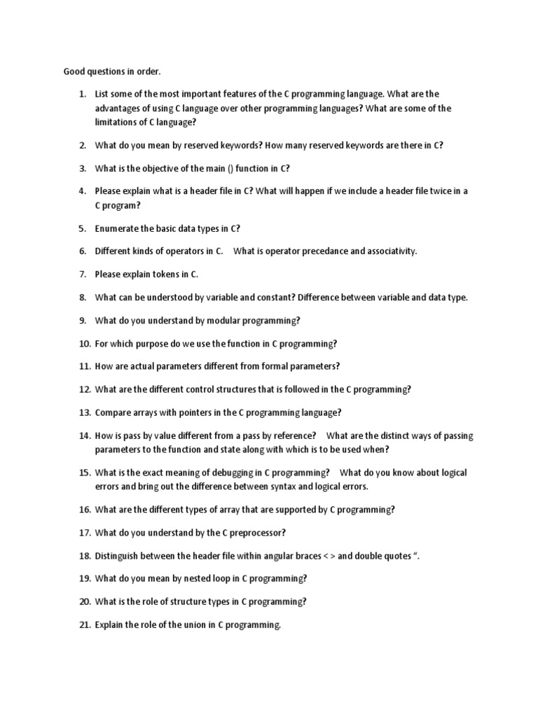 C Interview Questions In Order Pdf C Programming Language Variable Computer Science
