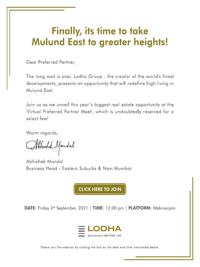 Lodha Mulund Launch CP Meet Invite - With Link | PDF
