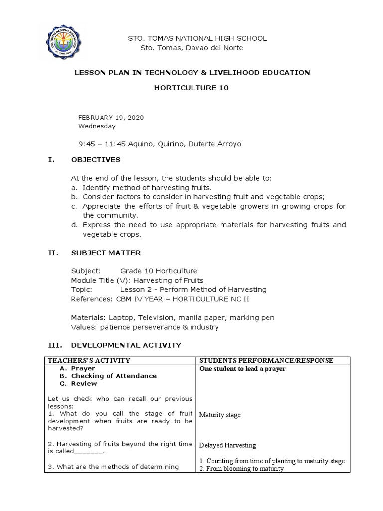 A - DETAILED - LESSON - PLAN - IN Horti 10-2 | PDF | Postharvest ...
