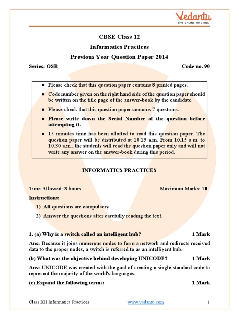 Cbse Class 12 Informatics Practices Question Paper 2014 | PDF ...