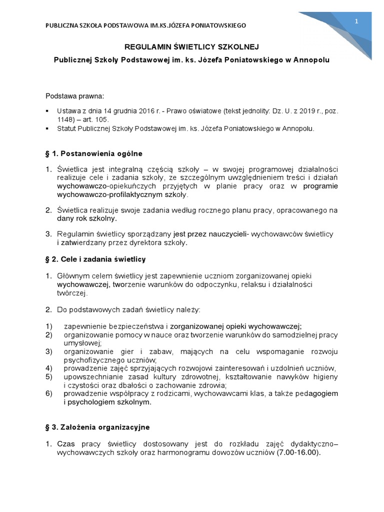 Regulamin Swietlicy | PDF
