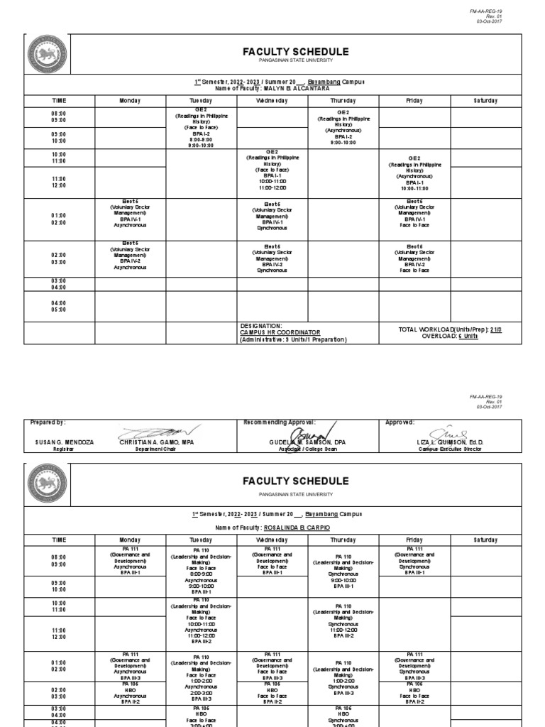 2022 2023 1st Sem Bpa Faculty Schedule | PDF