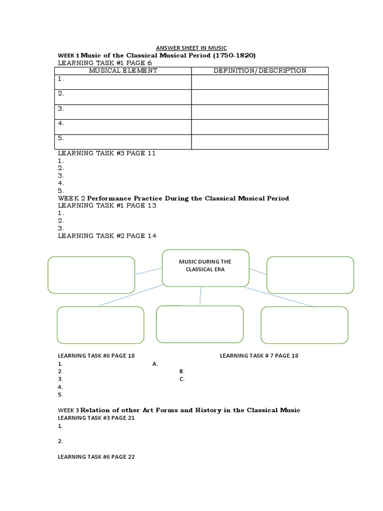 Answer Sheet in Mapeh | PDF | Classical Music | Classical Period (Music)
