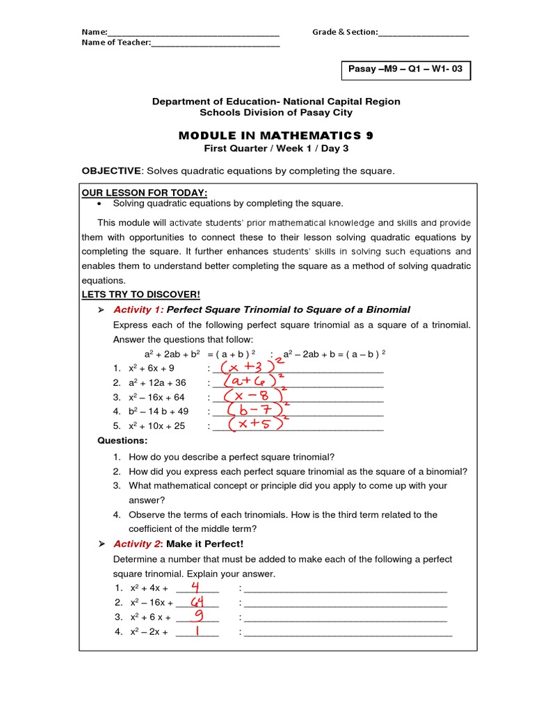 Module in Mathematics 9: Department of Education-National Capital ...