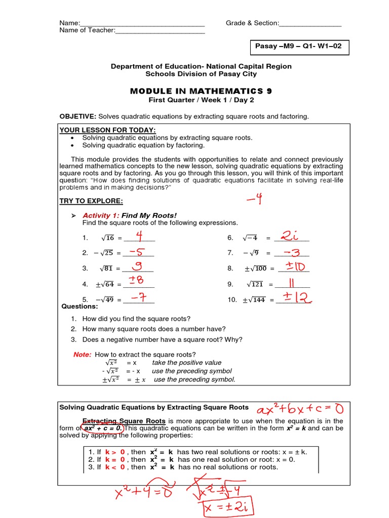 Module in Mathematics 9: Pasay - M9 - Q1-W1-02 | PDF | Quadratic Equation | Factorization