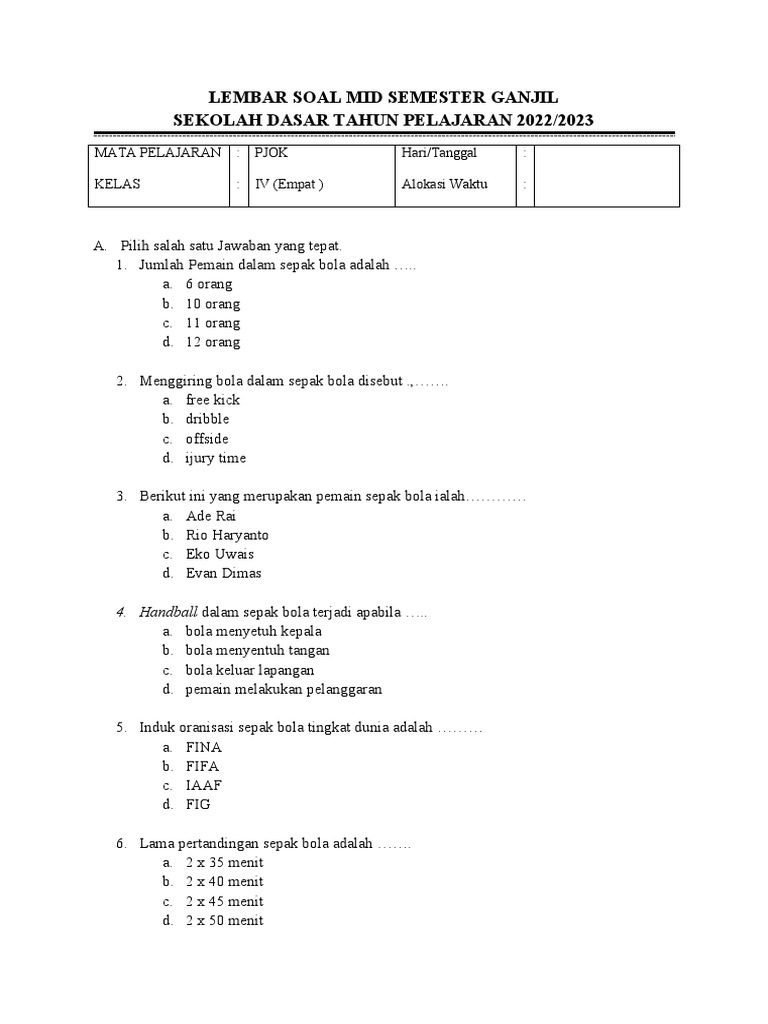 Lembar Soal Midsemester Ganjil Kelas 4 | PDF | Olahraga & Rekreasi | Sejarah