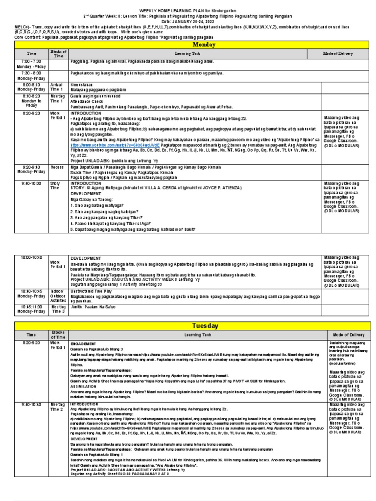 2nd Q Week 8 Weekly Home Learning Plan Kindergarten | PDF