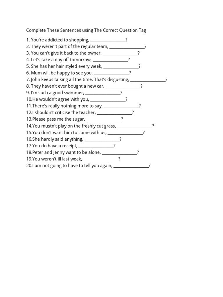 Question Tag Worksheet | PDF