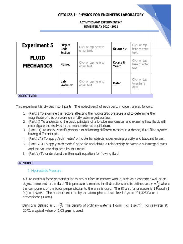Experiment 5 Fluid Mechanics | PDF | Buoyancy | Pressure
